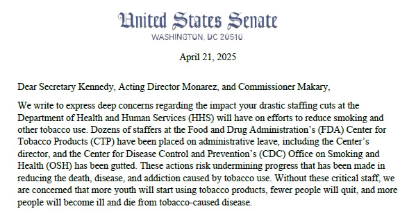 18 Senators write HHS leaders asking for details on cuts to tobacco ...